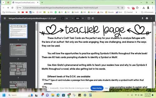 Refugee Alan Gratz Activities - Symbol & Motif Discussion Task Cards