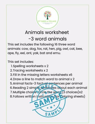 Animals-Three word animal worksheet set(spelling, tracing, worksheets ...