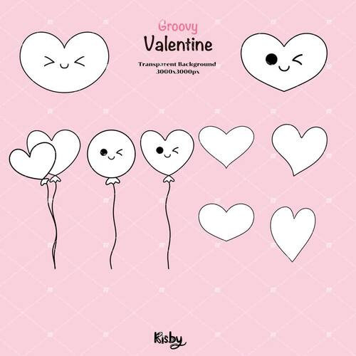 Groovy Valentine’s Day Digital Stamps Set, Black & White Retro Doodle Art