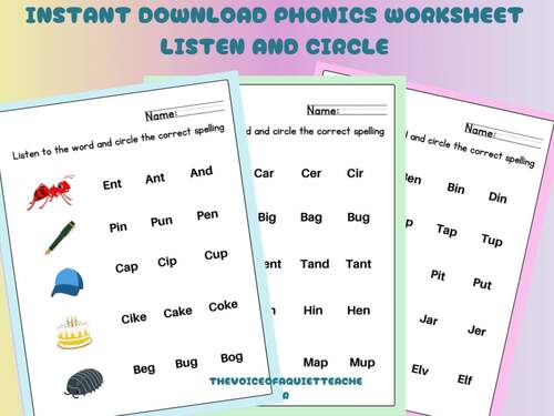 Phonics Listen & Circle Worksheets | Color | Pre-K-1 | TPT
