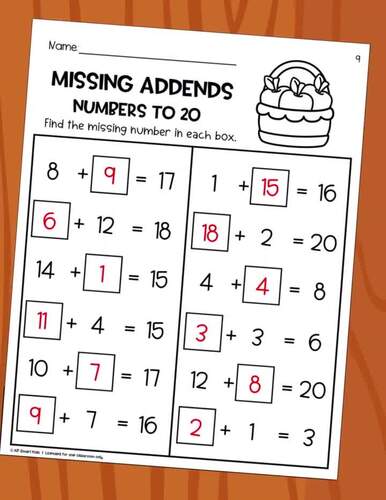 Missing Addends to 20 Worksheets Apple Math Practice for Addition Facts ...