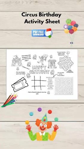 Circus Carnival Birthday Activity Sheet, Party Coloring Page Favor ...