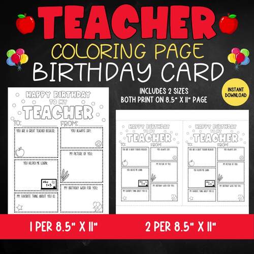Teacher Birthday Coloring Card, Printable Kids Birthday Card for Teacher