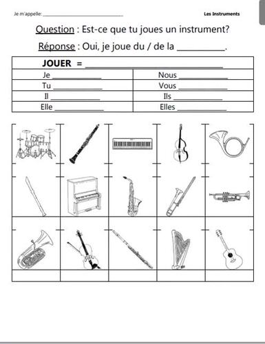 Les Instruments : French Instruments + Jouer *No Prep Lesson w/Flashcards!*
