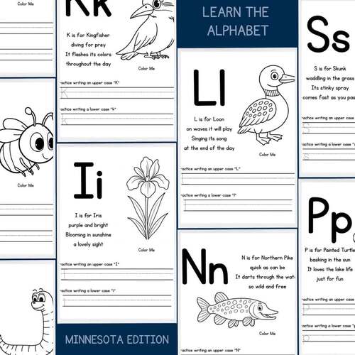 Minnesota Themed Alphabet Writing and Coloring Worksheets | TPT