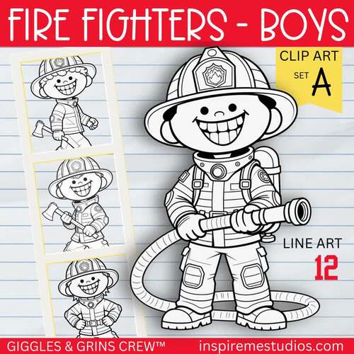Firefighter Boys Kids Clipart Line Art — Fire Truck, Dalmatian ...