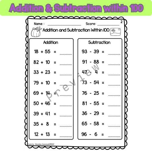 Addition and Subtraction Within 100 Worksheets by Education Learning.KANOAT
