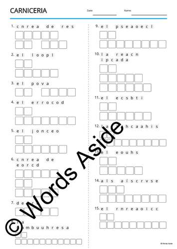 Spanish Word Games Copy Crossword Word Search Anagram MEAT MARKET