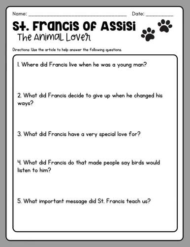 St. Francis of Assisi Reading Comprehension| Word Search | Coloring