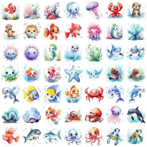 Aquatic Animals Watercolor Clipart | 50 PNG Ocean & Sea Life Illustrations