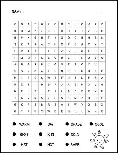 Sun Safety Word Search Puzzles | Health & Summer Vocabulary Grades 1-2