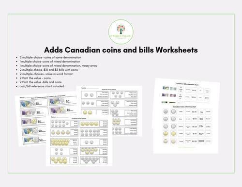 Money worksheets-adds value with Canadian coins and bills | TPT