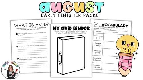 AVID Back to School | August Early Finisher Activity Packet-With WICOR ...