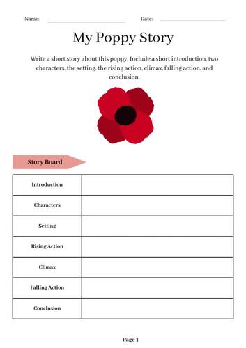 Poppy Themed Rememberance Day Short Story Worksheet for 6th Grade
