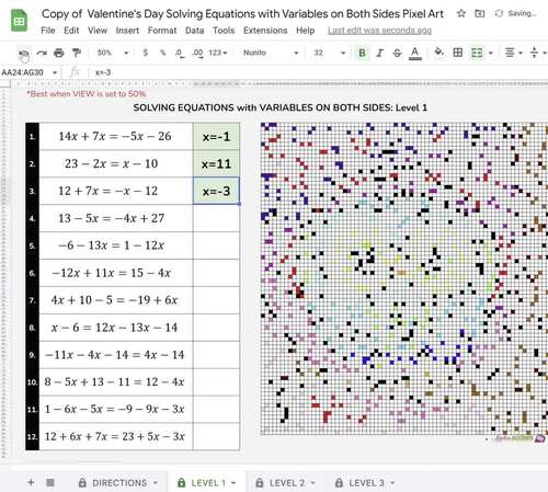 VALENTINES DAY Algebra Pixel Art Math Equations with Variables on Both ...