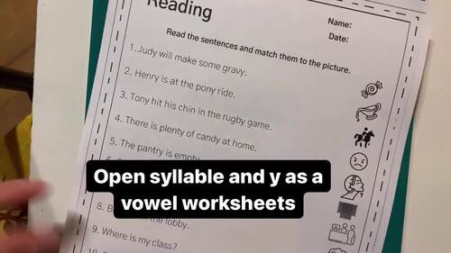 Y as a Vowel and Open Syllable NO PREP Phonics Worksheets for Special ...