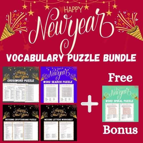 New Year's Vocabulary Puzzle Worksheets Bundle + Free Bonus | TPT