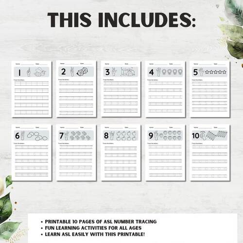 ASL Numbers Tracing Worksheets, American Sign Language 1–10, Preschool