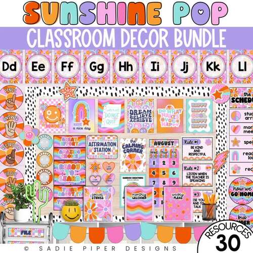 Retro Groovy Classroom Decor BUNDLE, Y2K Rainbow Daisy Classroom Decor ...