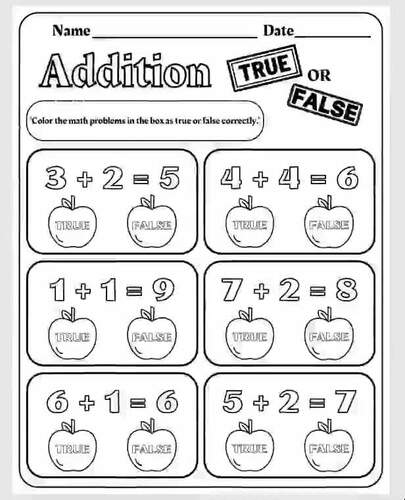 Addition Color Activity: True or False Math Worksheets ( 10 Pages )