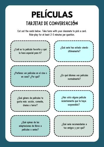 FILMS CONVERSATION CARDS SPANISH PELÍCULAS CONVERSACIÓN ESPAÑOL | TPT
