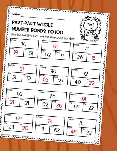 Fall Part-Part-Whole Number Bonds to 100 Missing Whole & Part Math Practice