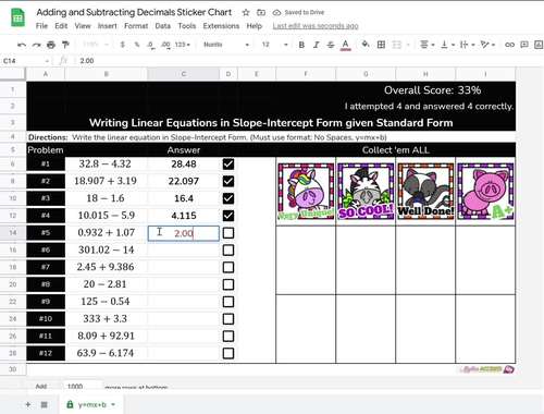 Google Sheets Adding and Subtracting Decimals DIGITAL STICKER CHART
