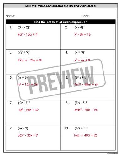 Multiplying Monomials & Polynomials Worksheets | Distributive Property ...