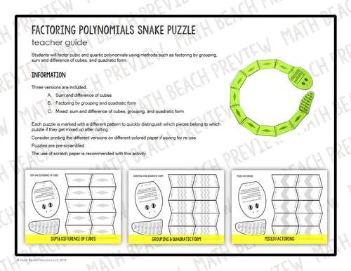 Factoring Polynomials Snake Puzzle Activity by Math Beach Solutions