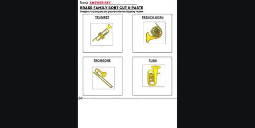 Brass Family Cut & Paste Worksheet by Miss Decker Music | TPT