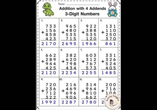 Adding 4 Addends Worksheets - 3-Digit Numbers with Regrouping (60 Pages)