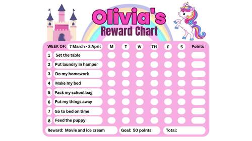 UNICORN REWARD CHART WORKSHEET/ UNICORN REWARD CHART PRINTABLE PDF