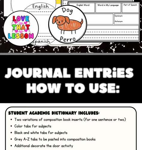 ESL Student Dictionary Journal Inserts, Back to School System, Language ...