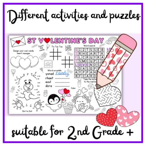 Valentines Activity Placemat fun puzzle worksheet for 2nd grade and above