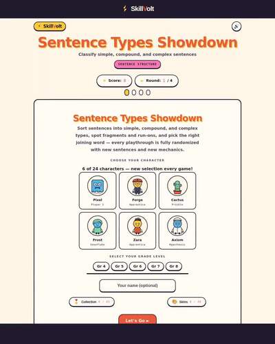 Sentence Types Digital Language Game Grades 4 5 6 7 8 Simple Compound ...