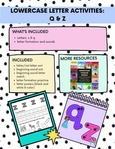 Lowercase Letter Phonics and Handwriting Activities: q and z by Ms Beh in K
