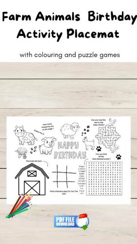 Farm Animals Birthday Activity Sheet, Printable Party Placemat ...