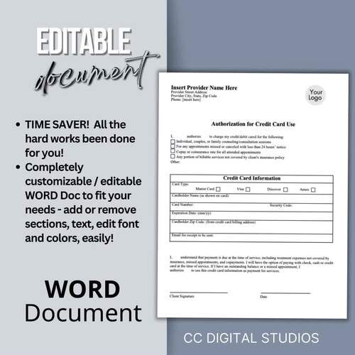 Credit Card Template, Editable & Fillable WORD Doc, Therapist Office Forms