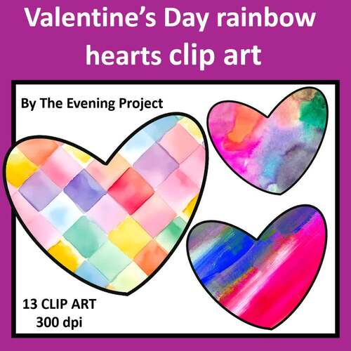 Valentine’s Day rainbow hearts clip art/ waytercolors/Commercial use ...