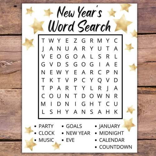 New Year's Word Search Game Find the Words in the Puzzle | TPT
