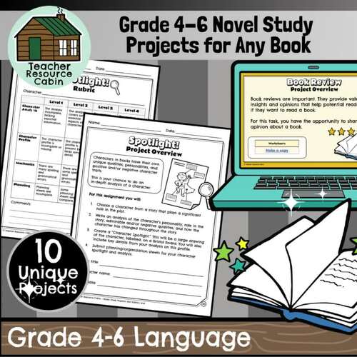 Novel Study Projects and Rubrics Grade 4-6 (Printable + Google Slides™)