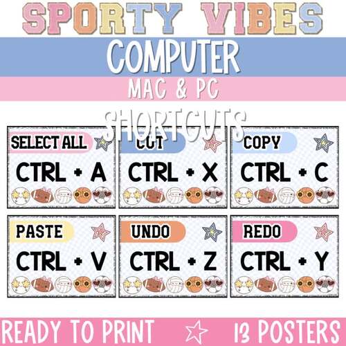 Pastel Sports Editable Keyboard Shortcut Posters, Computer Lab Technology