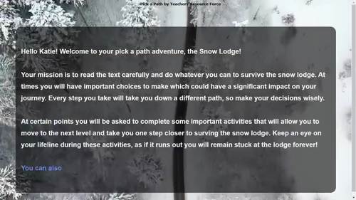 Digital Escape Room Adventure Pick A Path 'Snow Lodge' Grades 6-8