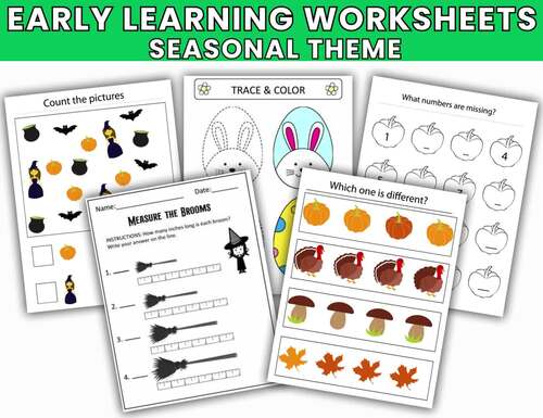 Seasonal Theme Early Learning Worksheets – 50 Printable Pages | TPT