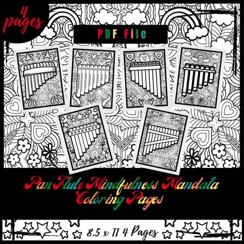 Pan Flute Mindfulness Mandala Coloring Pages, Music Coloring Printable PDF