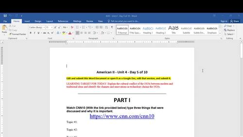 AHII - Unit 4 - Day 10 of 10 - Daily Assignment for Google Classroom