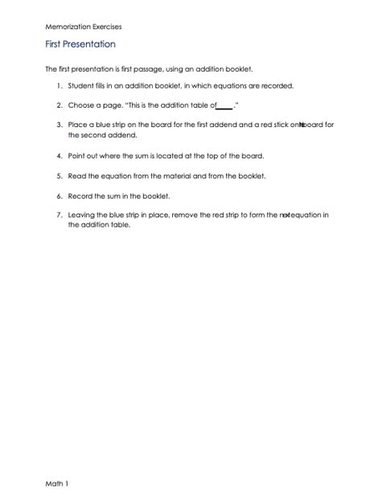 Montessori Math Manual Memorization Exercises ADDITION Math 1 Unit 6A