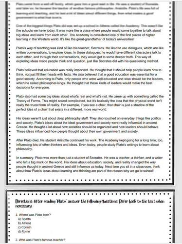 Plato Reading Comprehension Worksheet with Writing Task by A Dads Classroom