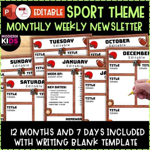 Editable Sports Theme Monthly Weekly Newsletter Template for Classroom ...