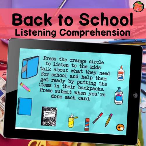 Listening comprehension Boom cards for back to school Pack the Backpack!